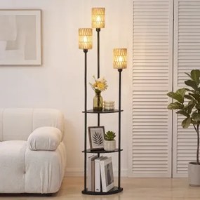 HOMCOM Boho stojací lampa se 3 plameny, stojací lampa s 3 policemi, stínidlo z papírového provazu, černá