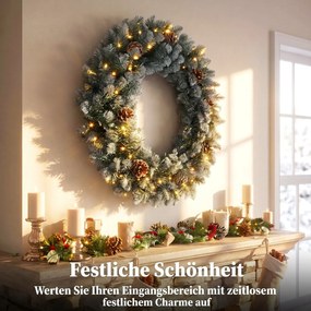 HOMCOM Vánoční věnec 60 cm Osvětlený věnec na dveře s 50 LED Šišky Umělý sníh na Vánoce Adventní dveře