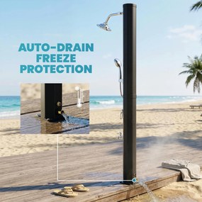 Outsunny solární zahradní sprcha 35 l – ochrana proti zamrznutí, dvojité dešťové hlavice, nožní kohoutek, max. teplota vody 60 °C, pro bazény a kempo…