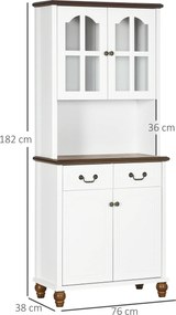 HOMCOM Kuchyňská skříňka, 76x38x182cm, kuchyňský bufet se 2 zásuvkami, vysoká skříňka s otevřeným prostorem, vitrína s funkcí tichého zavírání, bílá|…
