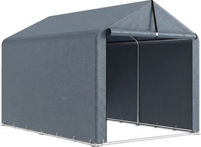 Outsunny 1,62 × 2,22 m voděodolný zahradní úložný stan s rolovacími zipovými dveřmi, sedlová střecha, ocelový rám, UV-odolný — tmavě šedý