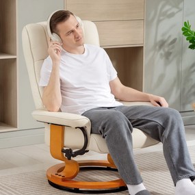HOMCOM Relaxační křeslo s podnožkou, otočné a sklopné, potah z umělé kůže, do 150 kg, dřevěný rám, krémově bílá