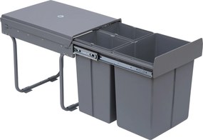 Mülleimer-Konstruktion mit 3 Abfalleimern zur Mülltrennung, Schienensystem, einbaubar, 3er-Set Müllbehälter, Grau