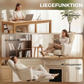 HOMCOM ergonomické kancelářské křeslo s podnožkou — krémově bílý flanel, silné čalounění, vysoké opěradlo, výškově nastavitelné