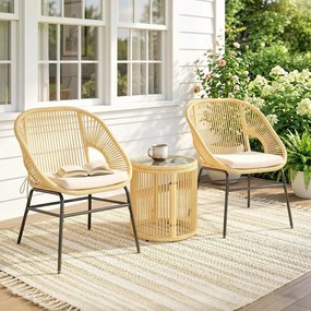 Outsunny 3dílný ratanový bistro set – 2 polstrovaná křesla a tvrzený skleněný stolek, béžová