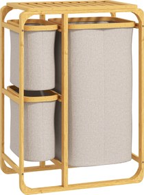 HOMCOM Úsporný Koš na Prádlo, Elegantní Koš s 3 Odnímatelnými Textilními Taškami a Policemi, Bambus, 50x32x69,7 cm, Bambus a Krémová Barva | Aosom