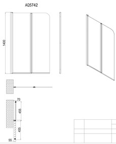 Aqualine, WILA vanová zástěna 900x1400 mm, skládací, chrom, čiré sklo, AQ5742