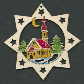 AMADEA Dřevěná ozdoba barevná hvězda s kostelem 6 cm