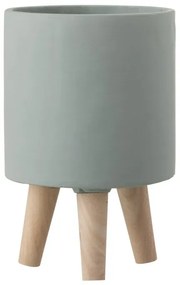 Šedý cementový květináč na dřevěných nožkách - Ø16*24,5 cm