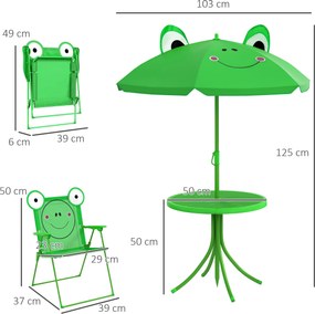 Zahradní set Outsunny pro děti – stůl a židle na piknik, skládací set pro děti se nastavitelným deštníkem 100-125 cm, design žabky, zelený