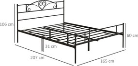 HOMCOM ocelový rám dvojité postele 160x200cm s integrovanými laťkami, čelem a nohama, úložným prostorem pod postelí, černý