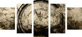 5-dílný obraz starožitné hodiny v sépiovém provedení
