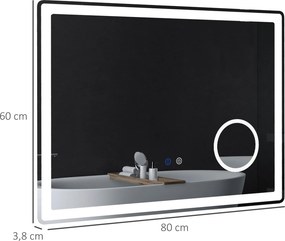 kleankin LED koupelnové zrcadlo s 3x zvětšením a dotykovou funkcí, 80x60 cm, 3 barvy světla, bez mlhy