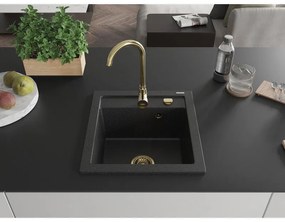 Mexen Vito, granitový dřez 520x490x210 mm, 1-komorový, černá-stříbrná metalíza se zlatým sifonem, 6503521000-73-G