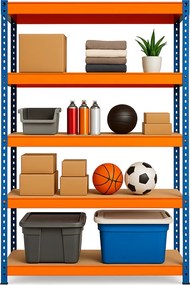 Regál 200x90x50 cm lakovaný 5-policový, nosnost 100 kg - modro-oranžový