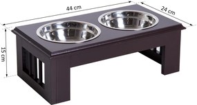 PawHut sada misek pro psy 2 nerezové misky na krmivo, zvýšená miska pro kočky, MDF, snadná údržba, káva, 44x24x15cm| Aosom