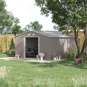 Outsunny Zahradní Kůlna 12,4 m², Zahradní Dům s Plochou Střechou, Posuvné Dveře, Základna, 386 x 340 x 200 cm, Zahradní Kůlna z Pozinkované Oceli, Od…