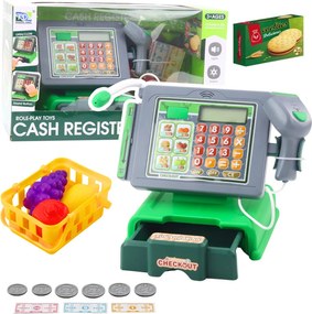 LEAN Toys Dětská pokladna s příslušenstvím, košík s ovocem, světla a zvuky, zelená