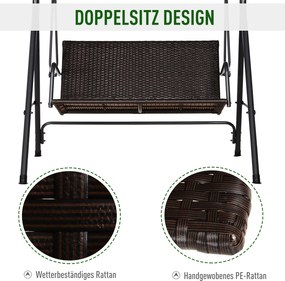 Outsunny Hollywoodský houpač 2-místný zahradní houpačka s nastavitelnou sluneční střechou, ocelový rám, ratan 140 x 110 x 151 cm