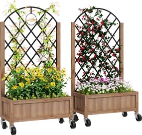 Outsunny 2-dílná sada vyvýšených záhonů s kolečky, treláž, dřevěný květináč pro espaliér 52x25x97cm | Aosom