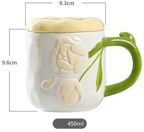 Flamenco Mystique Keramický hrnek s květinovým motivem a víkem, žlutý, 450 ml, 9,2 x 9,6 cm