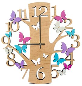 AMADEA Dřevěné hodiny nástěnné ve tvaru stromu s barevnými motýlky, masivní dřevo, průměr 30 cm