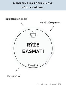 RÝŽE BASMATI – průhledná samolepka na dózu, tučnépísmo, 5 cm | DomaLEP