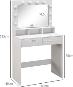 HOMCOM Toaletní stolek s Hollywoodským zrcadlem, zásuvky, 3 režimy osvětlení, 10 žárovek, 80 x 40 x 135 cm, bílá