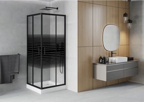 Mexen Rio, čtvercový sprchový kout s posuvnými dveřmi 70 (dveře) x 70 (dveře) x 190 cm, 5mm čiré sklo s pásky, černý profil + bílá sprchová vanička RIO, 860-070-070-70-20-4510