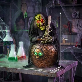 HOMCOM Animovaná halloween stolní čarodějnice se zvukem smíchu, svítícíma očima a zvukovou/touch aktivací