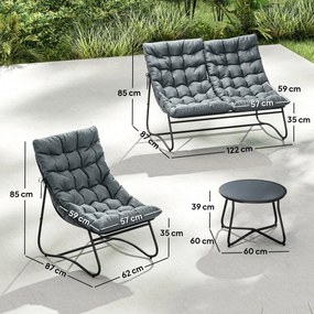 4-Sitzer Gartenmöbel-Set, 2 Stühle, 1 Doppel-Sofa, 1 Tisch, dicke Kissen, Stahlrahmen, für Terrasse, Grau