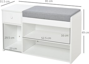 HOMCOM botník s polstrováním, šuplíkem a 3 otevřenými přihrádkami, dřevěný nábytek do chodby 81x31,5x49cm, bílý