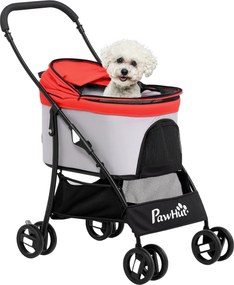 PawHut Skládací 3v1 Kočárek pro malé psy s odnímatelným vozíkem, úložným košíkem, bezpečnostními popruhy a polštářem, nosnost 15 kg, červený | Aosom