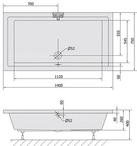 Polysan DEEP hluboká sprchová vanička s konstrukcí, obdélník 140x75x26cm, bílá, 72948