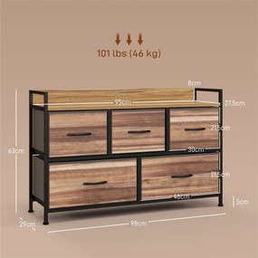 HOMCOM Komoda se 5 textilními zásuvkami 98 x 29 x 63 cm, černý ocelový rám