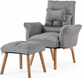 relaxační křeslo, polohovací, s podnožkou, dřevo/textil, 101x85x69 cm, nohy světlé/šedá, Dekorino SILVANA