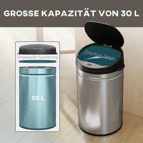 HOMCOM senzorový odpadkový koš o objemu 30 litrů s funkcí jemného zavírání, bezdotykový odpadkový koš z nerezové oceli pro hygienické kuchyně 851-048…