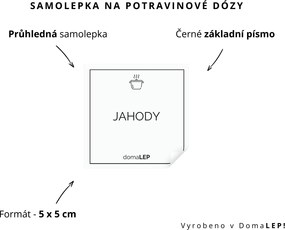 JAHODY - omyvatelná samolepka na dózu, výběr rozměrů Ø 5 cm / 5 x 5 cm / 6 x 8 cm | DomaLEP tvar: KOLEČKO, barva: PRŮHLEDNÁ - ČERNÉ písmo, velikost: Ø 5 cm - tučné písmo
