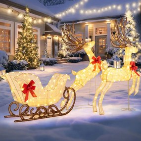Costway Svítící sob se saněmi se 280 LED, sada 3 dílů