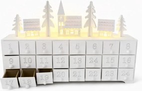LED adventní kalendář, kostel a chaloupky, dřevěný, 37,5 × 23 × 8 cm, bílá, na 2× AA