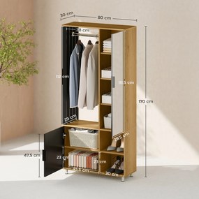 HOMCOM Moderní šatní skříň s zrcadlem, otevřené přihrádky, šatní tyč, 80 x 30 x 170 cm, Přirozené dřevo