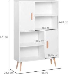 HOMCOM Skandinávská Knihovna se 4 Policemi + 2 Skříňkami s Nastavitelnou Policí rozměr 80D x 24Š x 123V cm, Se Šikmýma Nožkama z Pevného Borového Dře…