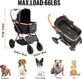 kočárek pro psy, 4kolový kočárek pro psy otočný s brzdami, nosnost 29,9 kg