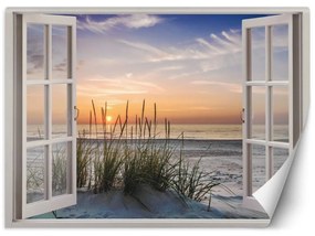 Fototapeta, Pohled z okna na západ slunce na pláži - 140x100 cm