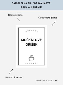 Samolepka na kořenky MUŠKÁTOVÝ OŘÍŠEK bílá 3 × 4 cm tučné písmo