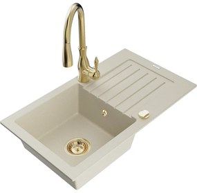 Mexen Pablo, 1-komorový granitový dřez 752x436x161 mm a dřezová baterie Savita, béžová, 6510-69-672601-50