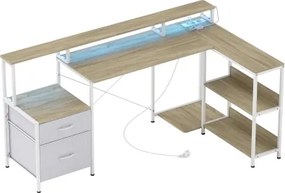 HOMCOM Rohový psací stůl se zásuvkami a RGB LED světlem, počítačový stůl, 172 x 100 cm, držák na monitor, 2 zásuvky, bílý