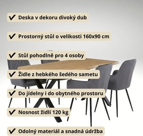Vikio Jídelní set pro 4 osoby 160x90 cm soft dub noha X šedá židle s područkami VJS226-4S