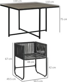 Outsunny 5dílná sada polyratanového zahradního nábytku jídelní stůl se 4 židlemi a bočním stolkem, stylový jídelní set pro balkon a zahradu |