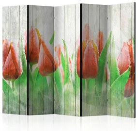 Paraván Red tulips on wood Dekorhome 225x172 cm (5-dílný)